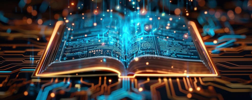 An Open Book Emanates Glowing Digital Data Streams. a Fusion of ...