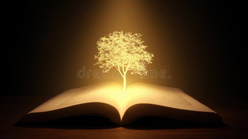 Open Book Emits Light Rays Forming a Luminous Tree, Symbolizing Growth ...