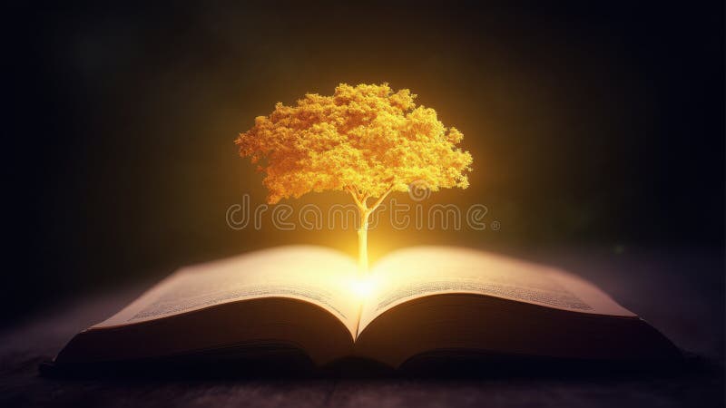 Open Book Emits Light Rays Forming a Luminous Tree, Symbolizing Growth ...
