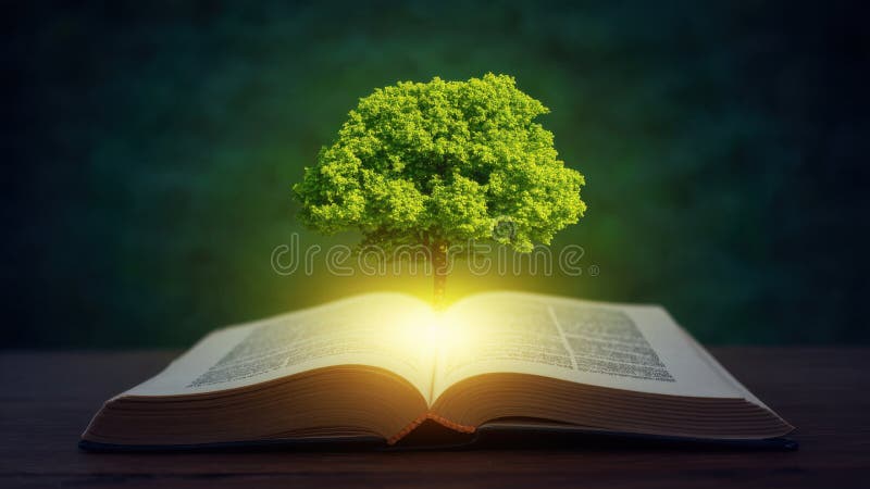 Open Book Emits Light Rays Forming a Luminous Tree, Symbolizing Growth ...
