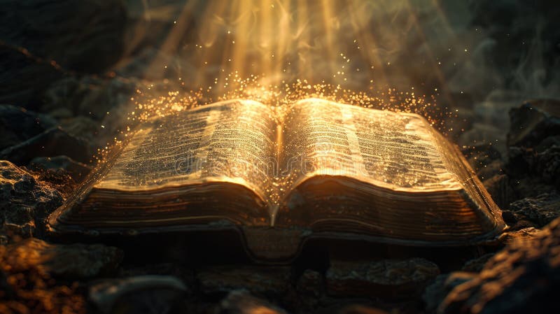 Illuminated Open Book Resting on Stones with Glowing Light Rays during ...