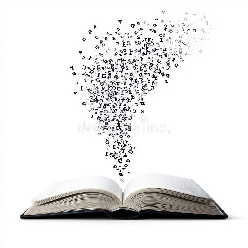 Open Book Emitting Glowing Letters and Symbols Stock Illustration ...