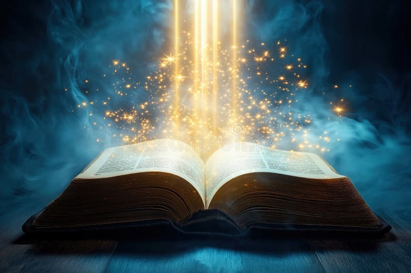 Open Book Emitting Golden Light Beams and Magical Particles Stock ...