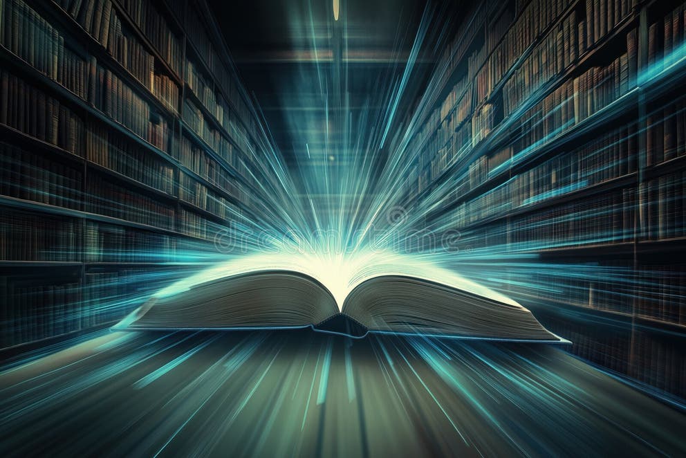 Open Book Emitting Light Beams in Library Interior Stock Photo - Image of creativity ...