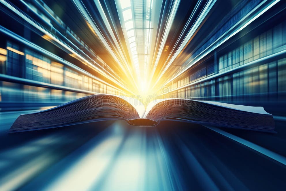Open Book Emitting Light Creating Speed Effect in Library Stock Photo ...