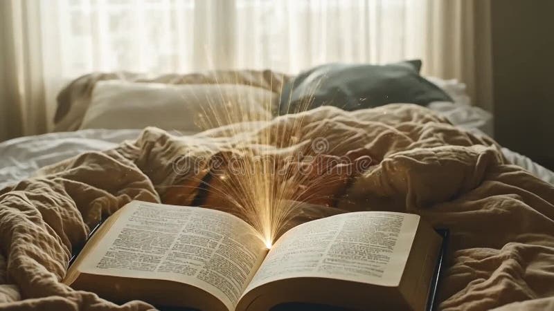 Open Book Emitting Light Rays on a Rumpled Bed in Soft Light Stock ...