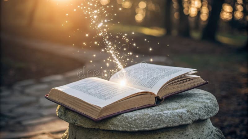 Open Book Emitting Magic Light in a Forest at Sunset Stock Photo ...