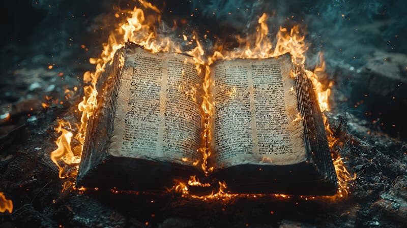 Open Book Engulfed in Fiery Flames, Intense and Dramatic Stock Image ...