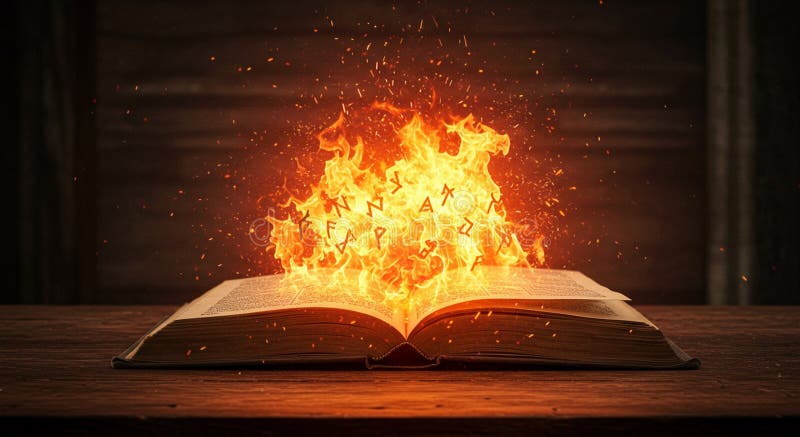 Open Book Engulfed in Flames with Floating Letters Burning Brightly ...