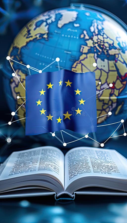 An Open Book with EU Flag and Globe in the Background Stock ...