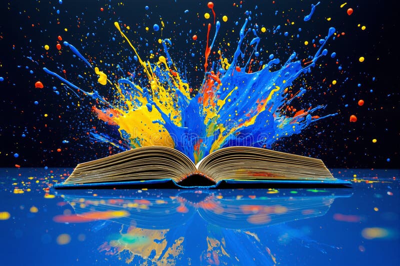 Open Book Exploding with Colorful Paint Splash on Dark Background Stock ...