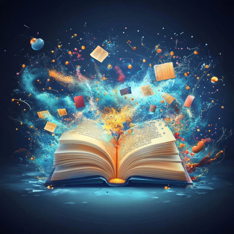 Open Book with Exploding Pages, Sparkles, and a Whirlwind of Colored ...