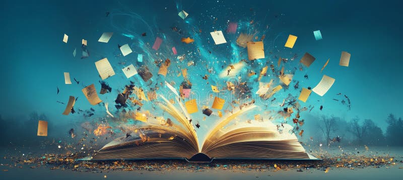 Open Book with Exploding Pages Turning into Flying Paper Notes, Magic ...