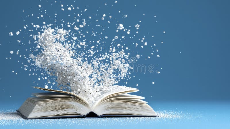 Exploding Open Book with White Particles on Light Blue Background Stock ...