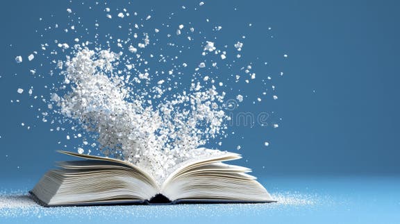 Exploding Open Book with White Particles on Light Blue Background Stock ...