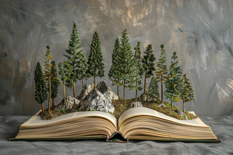 Open Book Expressing Forest Growing from Pages with Mountain Stock ...