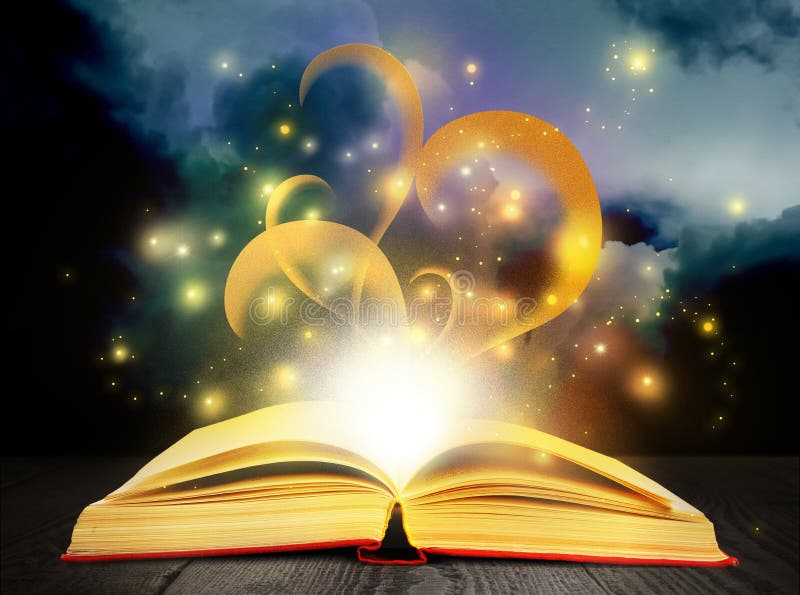 Open Book with Fairytales and Magic Lights on Table. Creative Design ...