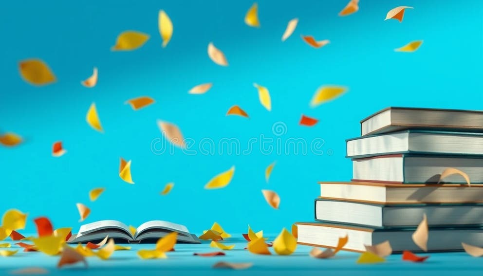 Open Book with Falling Autumn Leaves and Stack of Books Study Stock ...