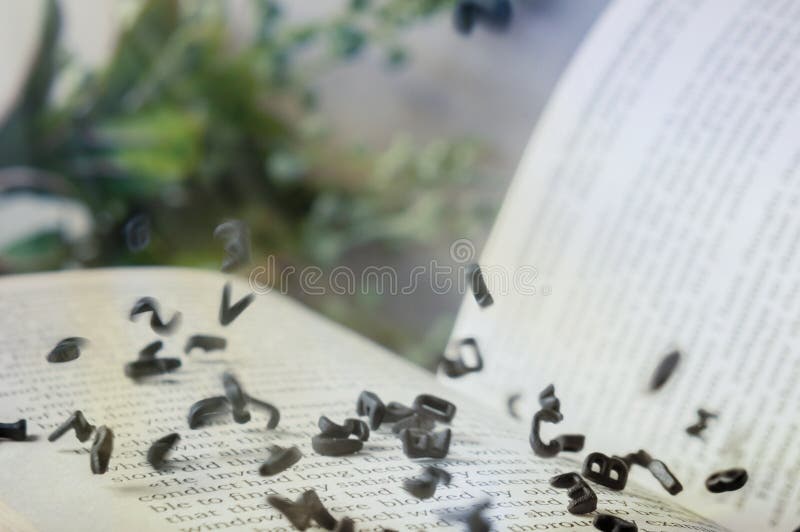 Open Book with Falling Black Letters Stock Image - Image of magic ...