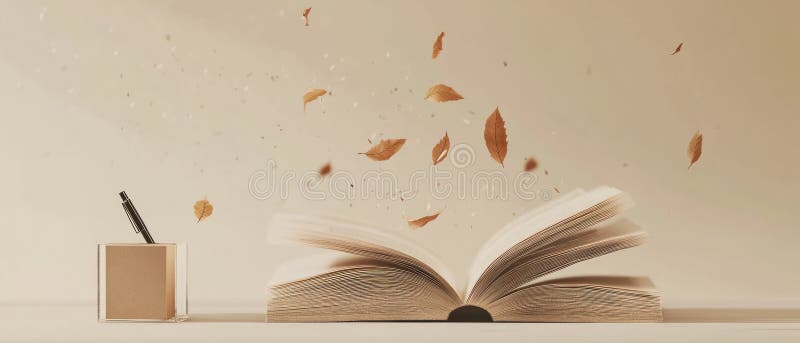 OPEN BOOK with FALLING LEAVES and a PEN in a HOLDER on a BEIGE ...