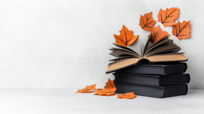 Open Book with Falling Orange Leaves on Stacked Books White Isolated ...