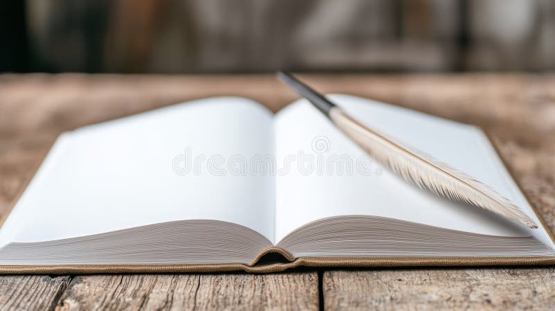 Open Book with Feather on Wooden Table Stock Illustration ...