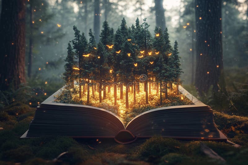 Book Transformed into a Forest Landscape with Intricate Tree Details ...