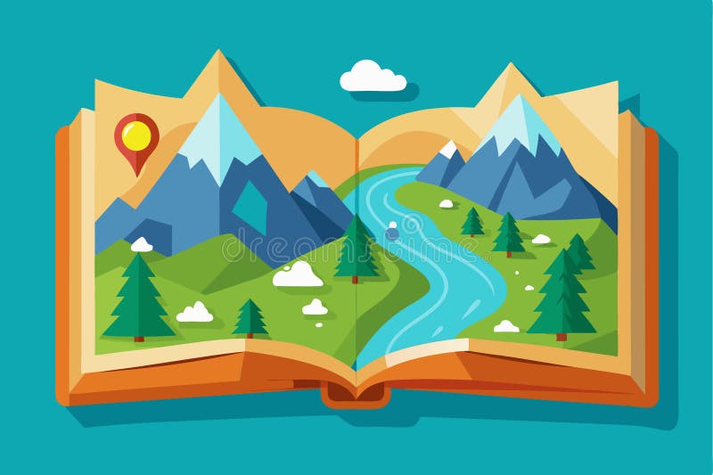 An Open Book Features a Detailed Illustration of Mountains, a River ...