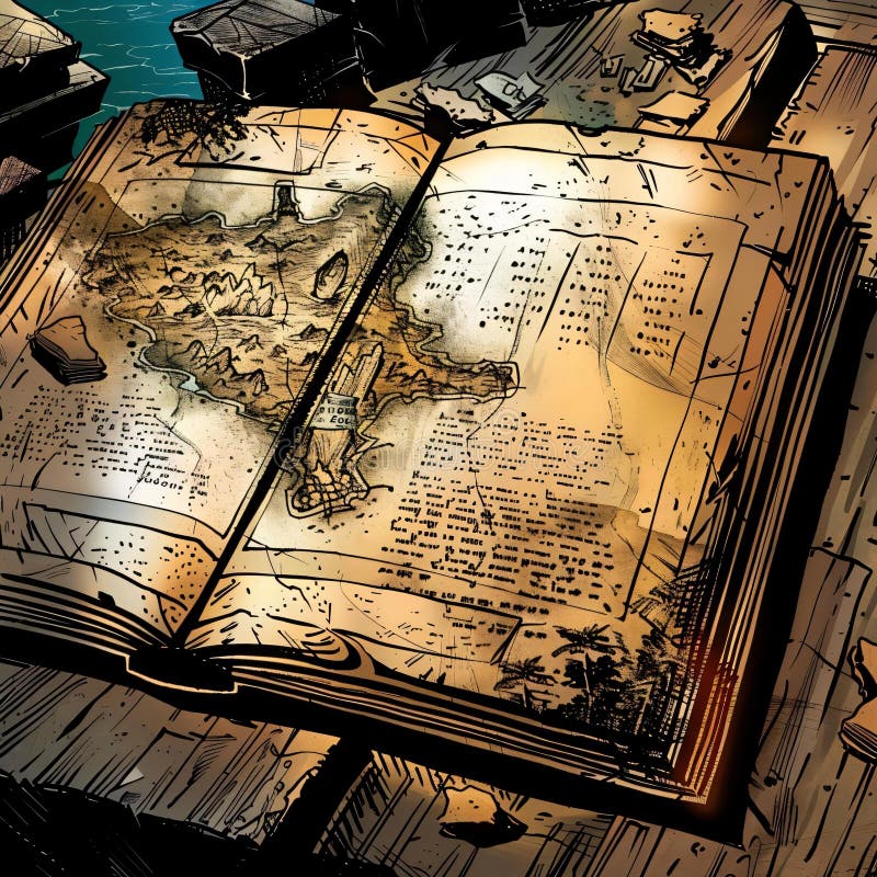 An Open Book Features Detailed Island Map One Page Cryptic Script Other ...