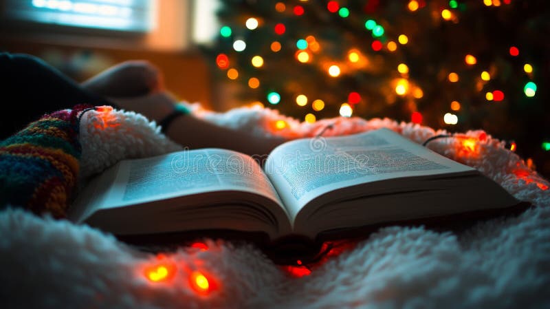 Open Book with Festive Lights on a Cozy Blanket Stock Illustration ...