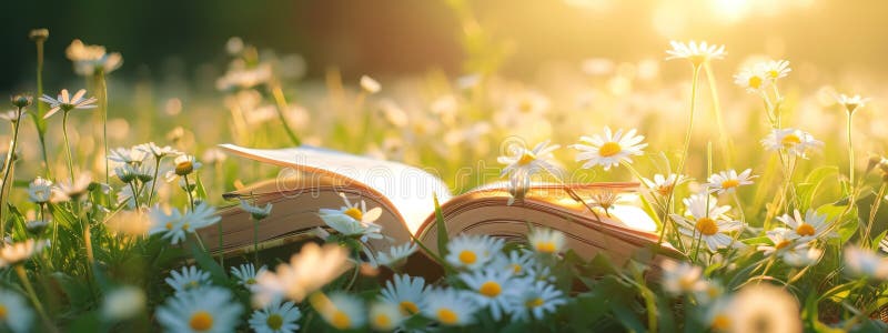 An Open Book in the Field with Daisies Stock Photo - Image of studying ...