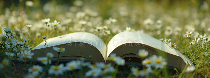 An Open Book in the Field with Daisies Stock Image - Image of knowledge ...