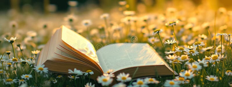 An Open Book in the Field with Daisies Stock Image - Image of open ...