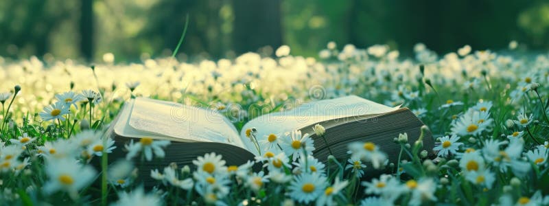 An Open Book in the Field with Daisies Stock Image - Image of ...