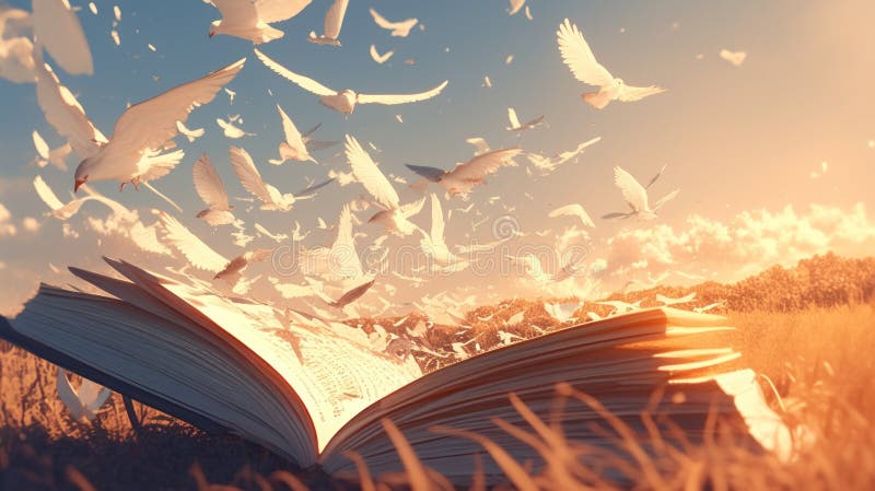 Open Book in Field, Numerous White Birds Taking Flight at Sunset Stock ...