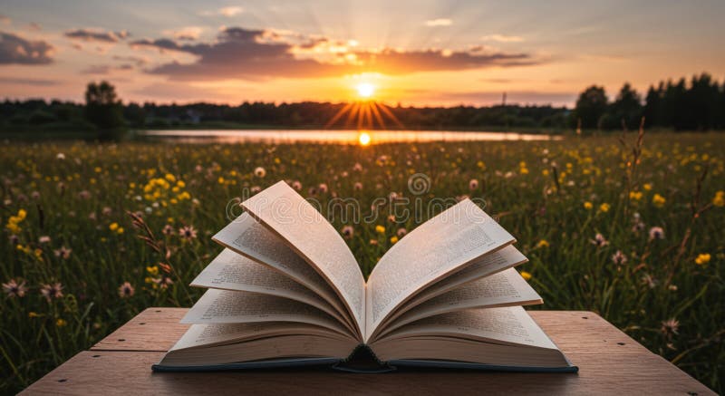 Open Book in a Field at Sunset Reading in Nature Stock Illustration ...