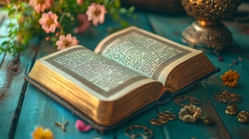 An Open Book Filled with Prayers is Placed on a Rustic Wooden Table ...