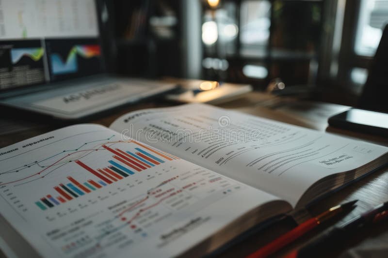 Open Book with Financial Charts and Graphs on a Desk with Laptop in ...