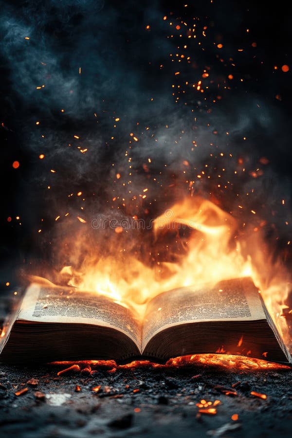 Open Book on Fire at Night stock image. Image of mystery - 375024507
