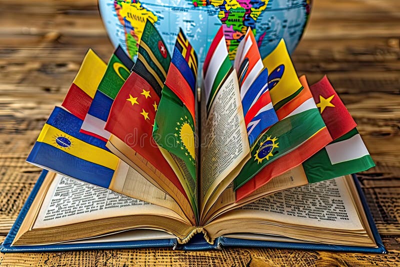 Open Book with Flags and Globe in the Background, Plus Various Items ...
