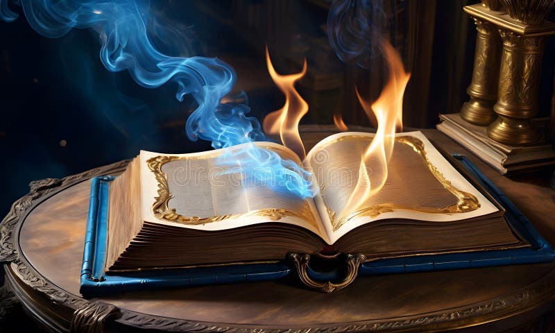 An Open Book with Flames Coming Out of it is on a Table Stock Image ...