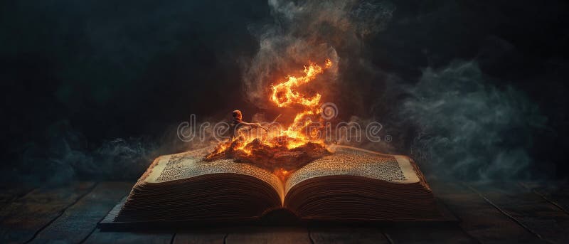 "OPEN BOOK with FLAMES EMERGING and SMOKY GLOW" Stock Illustration ...