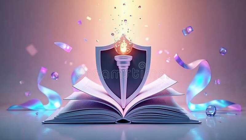Open Book with Flaming Torch and Shield Knowledge Protection Concept ...
