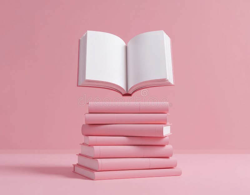 Open Book Floating Above Stack of Pink Books on Pink Background Stock ...