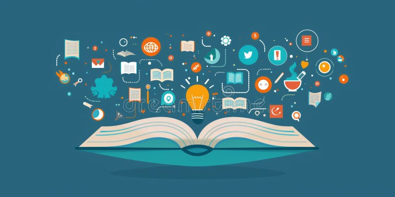 Open Book with Floating Icons of Knowledge and Creativity, Including ...