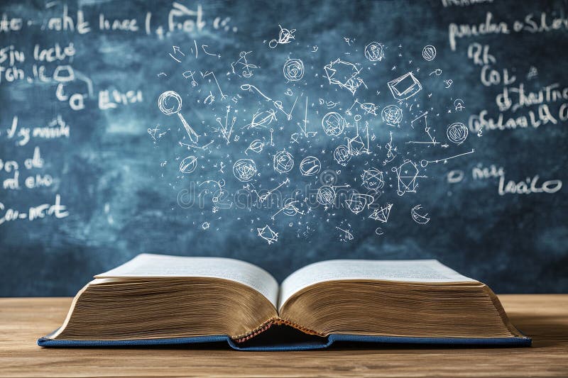 Open Book with Floating Knowledge Symbols Quality. Stock Image - Image ...