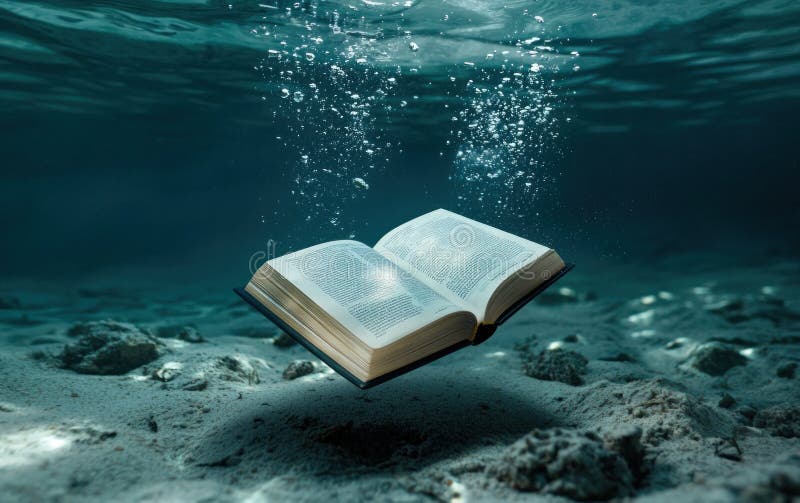 Open Book Floating Underwater on Sandy Seabed Stock Illustration ...
