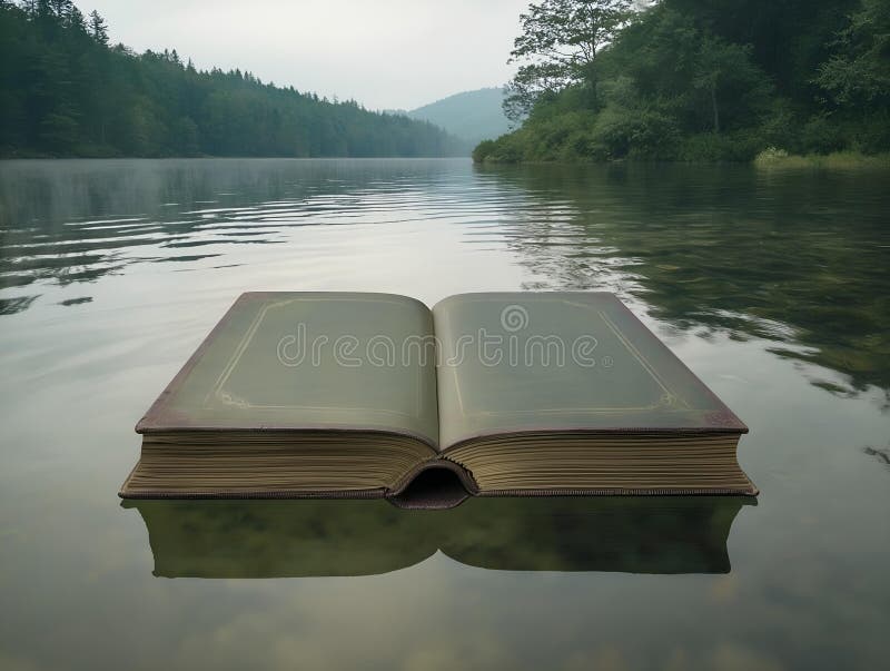 Open Book Floating on Water, Pages Illuminated, Tranquil Scene Stock ...