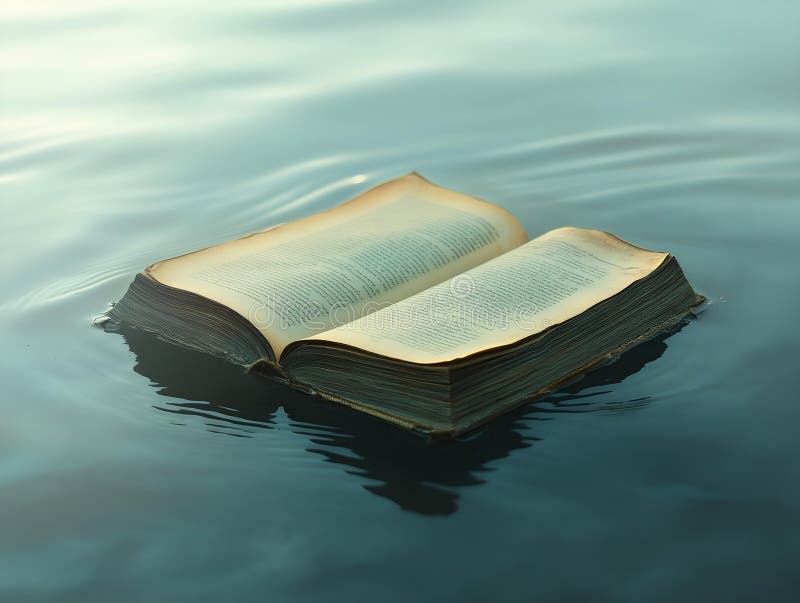 Open Book Floating on Water, Pages Illuminated, Tranquil Scene Stock ...