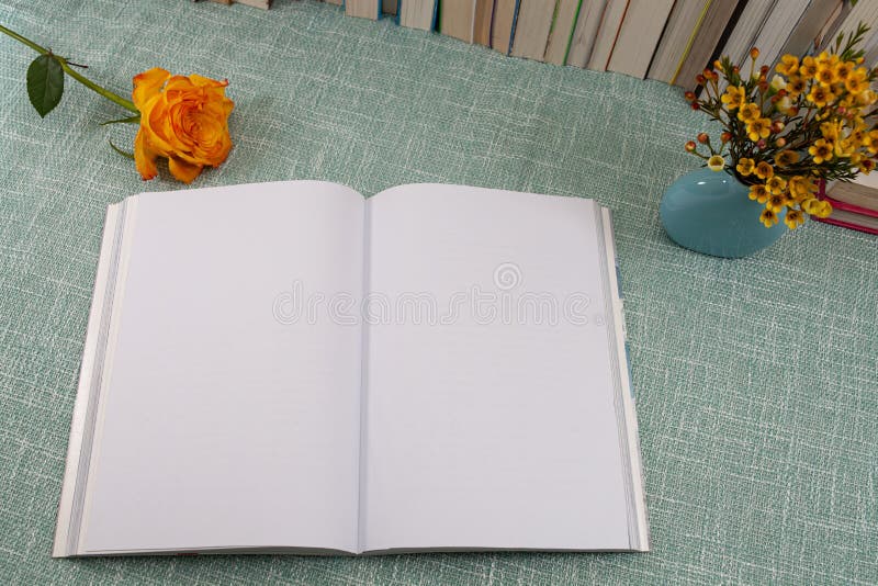 Open Book and Flower on the Blue Cloth Stock Photo - Image of open ...